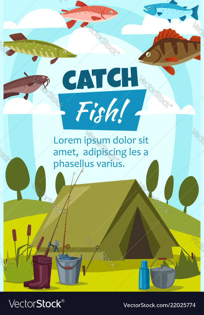 Fishing and camping tent fishes Royalty Free Vector Image