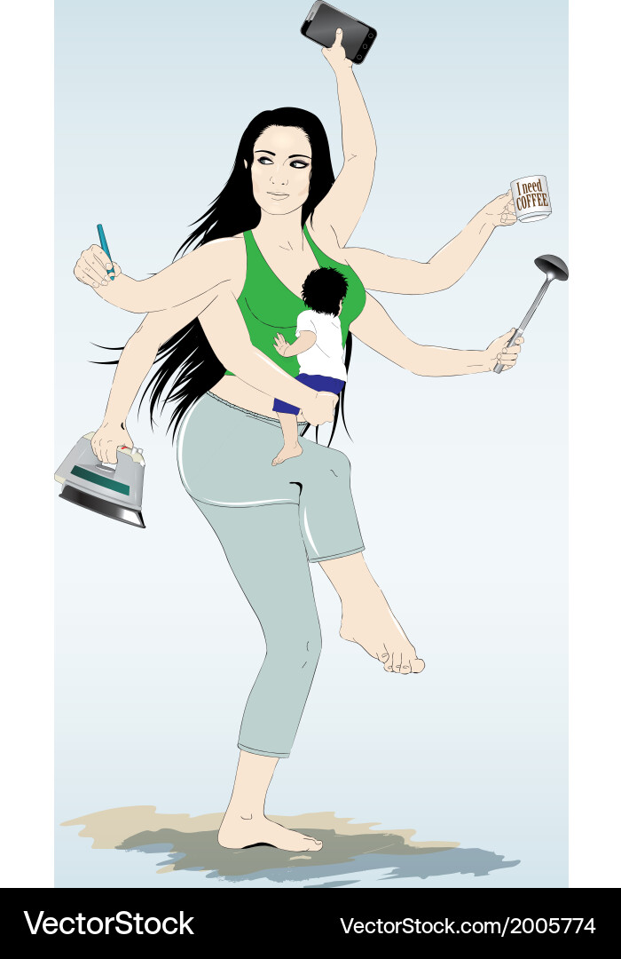 Multitasking super mother with six arms Royalty Free Vector