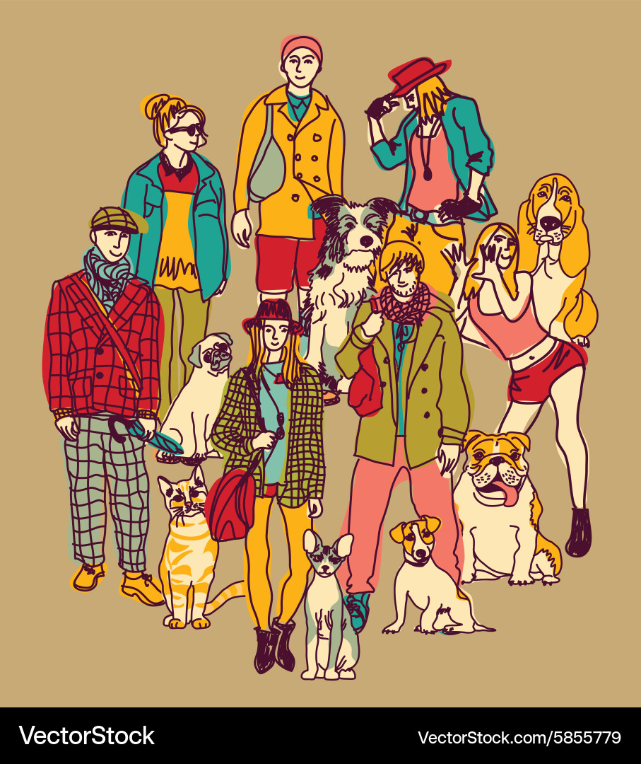 Group pets and people color Royalty Free Vector Image