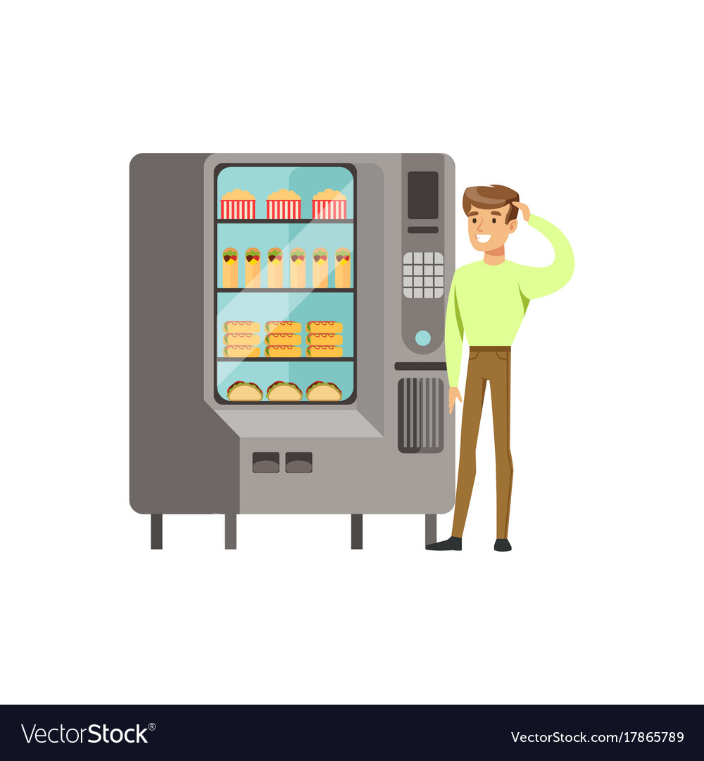 Young man standing next to automatic vending Vector Image Young man standing next to automatic vending Vector Image