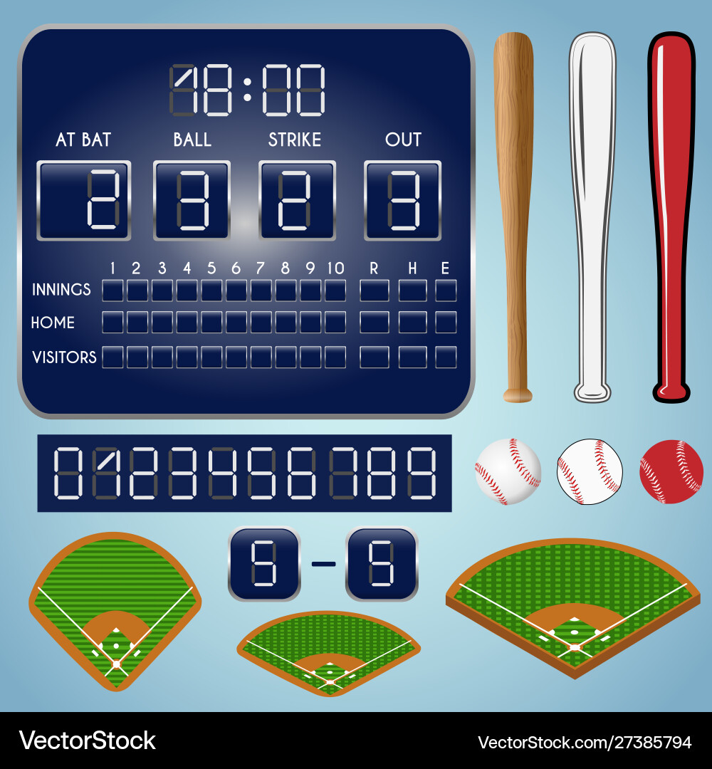 Baseball fields with scoreboard numbers bats balls