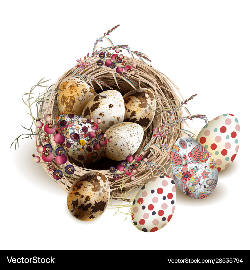 Easter background with realistic bird nest eggs Vector Image