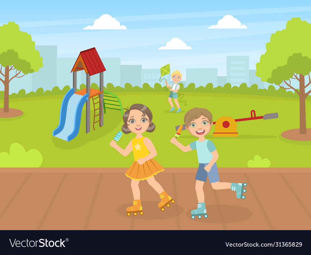 Boy and girl skating on rollerblades in park Vector Image