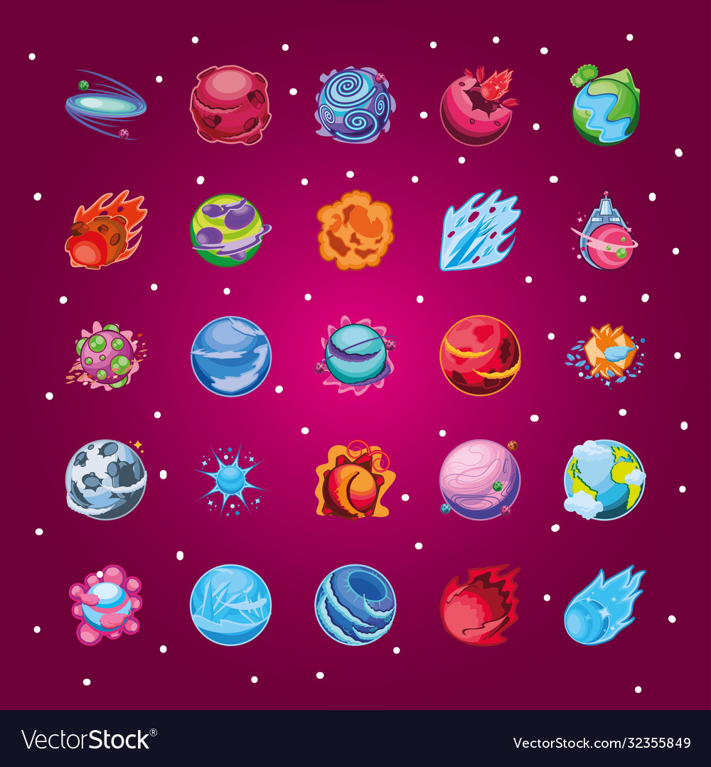 Fantastic planets set icons Royalty Free Vector Image