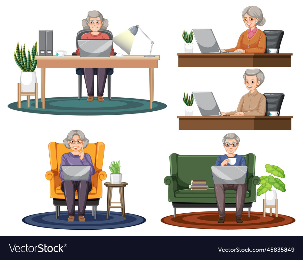 Senior people using laptop set Royalty Free Vector Image Senior people using laptop set Royalty Free Vector Image