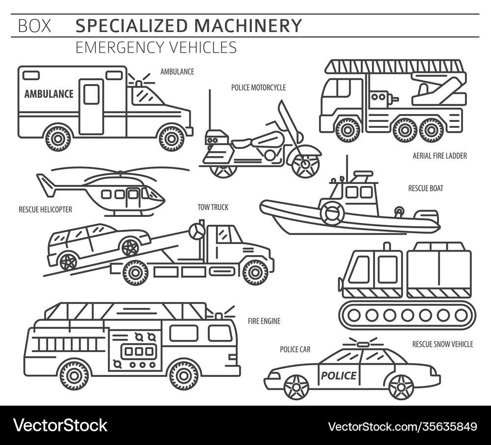 Specialized machines emergency vehicles linear Vector Image