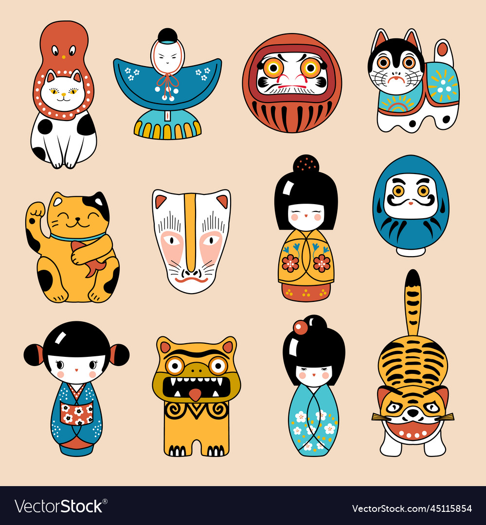 Japanese toys asian cultural authentic souvenirs Vector Image
