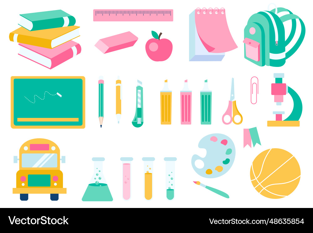 School supply mega set elements in flat design Vector Image
