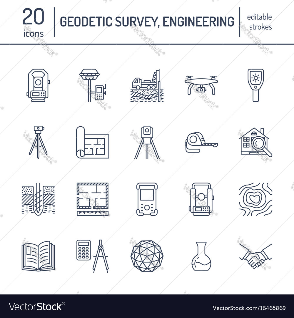 Geodetic survey engineering flat line icons Vector Image Geodetic survey engineering flat line icons Vector Image