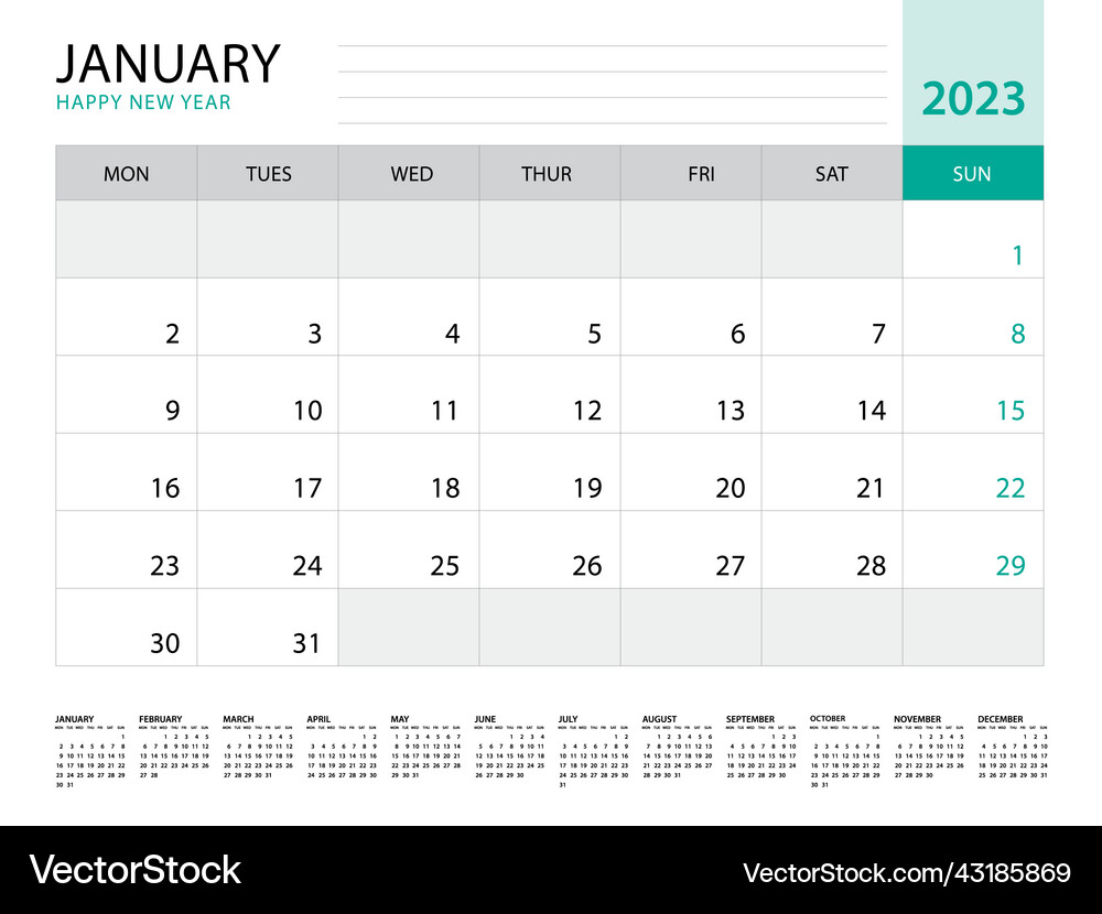January 2023-calendar 2023 template Royalty Free Vector