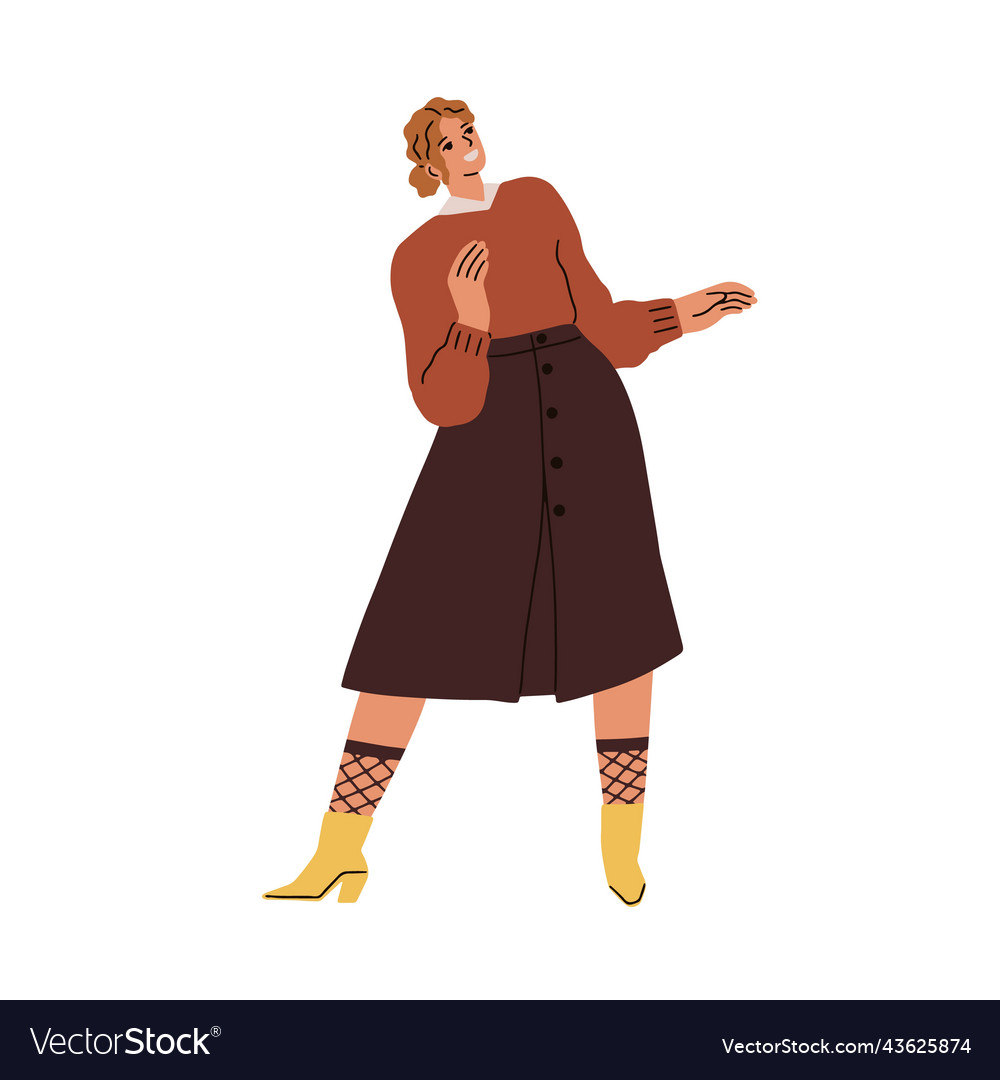 Happy Woman Dancing Swinging To Music Smiling Vector Image