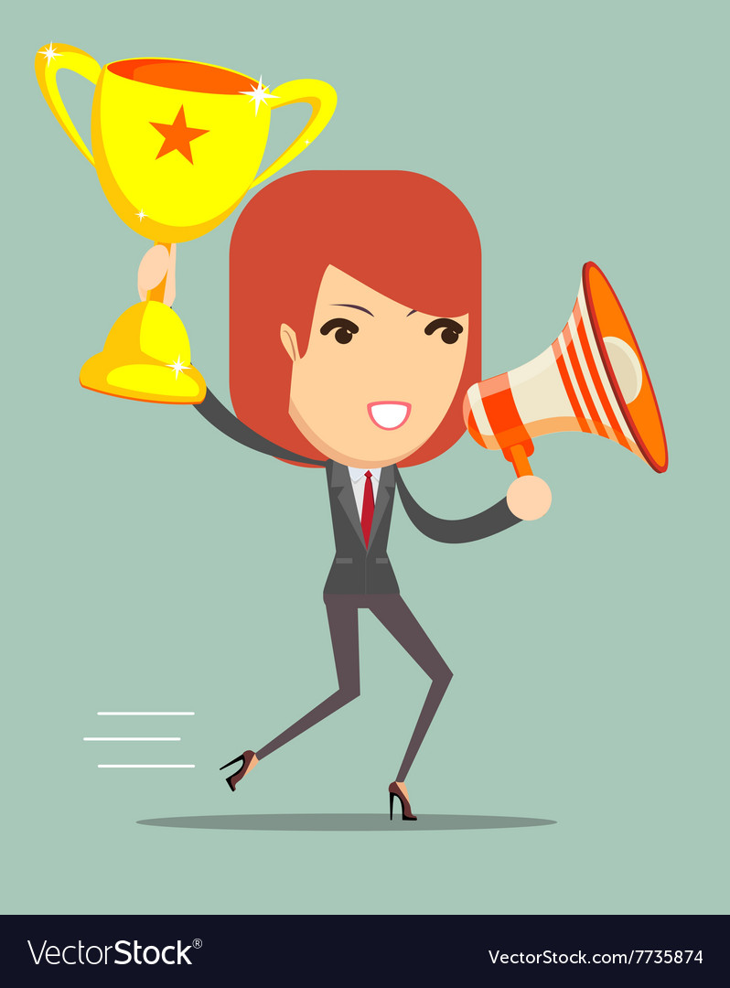 Woman Holding Up Winning Trophy And A Megaphone Vector Image