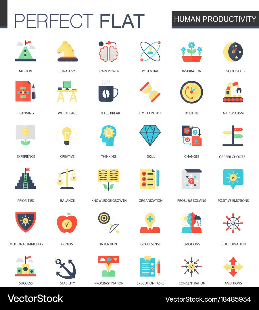 Set of flat human productivity time Royalty Free Vector