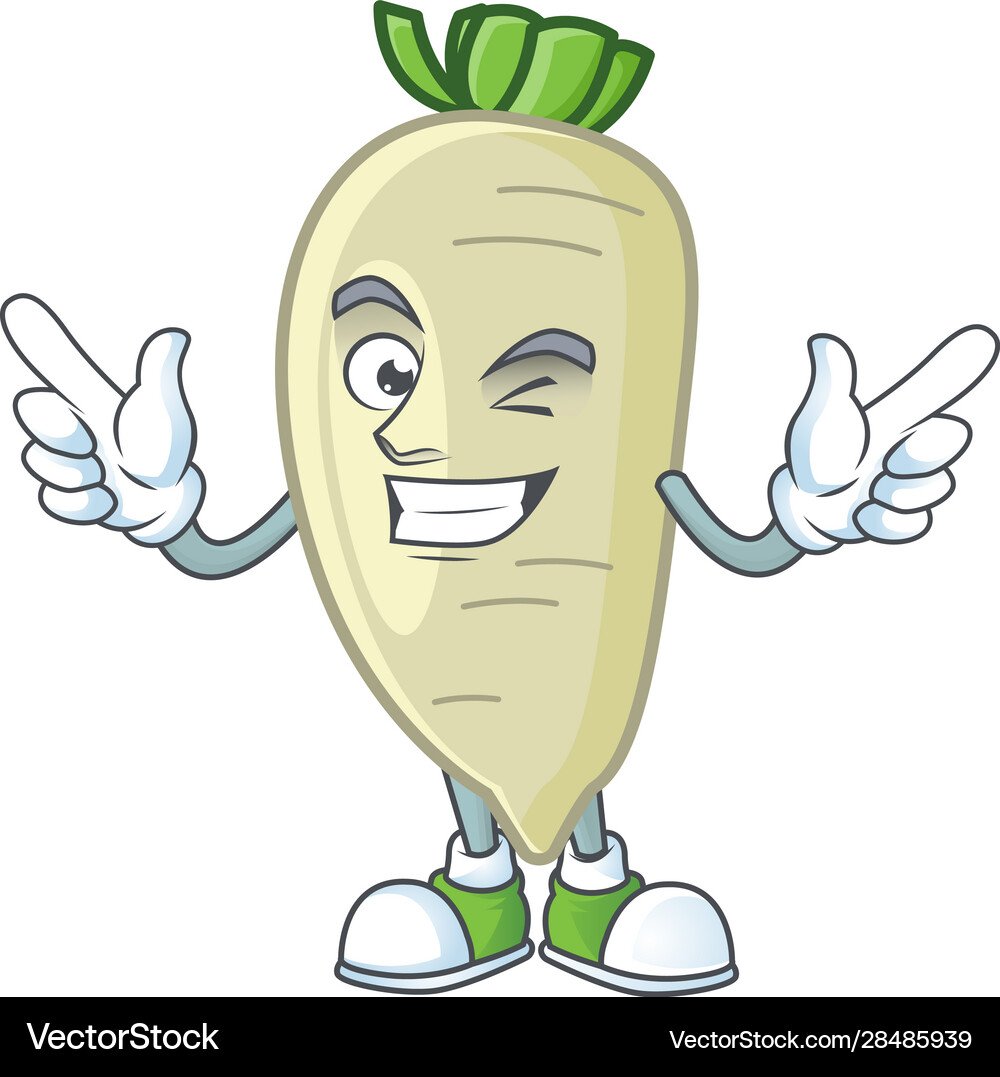 Radish Cartoon Cute White Radish With Green Background Cartoon Style