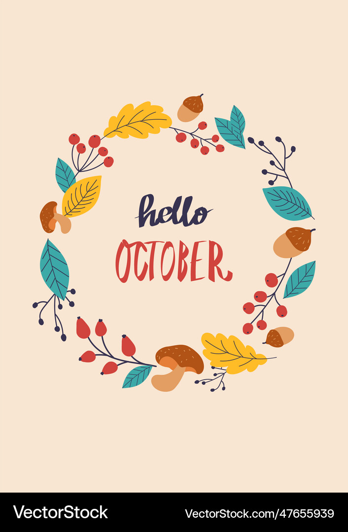 Hello october wreath design template print Vector Image