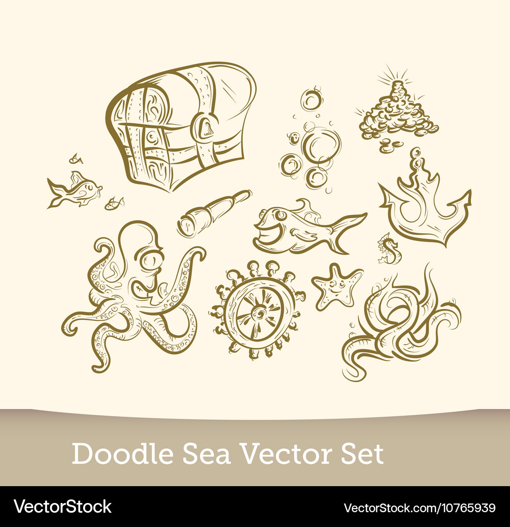 Sea doodle set isolated on white background Vector Image