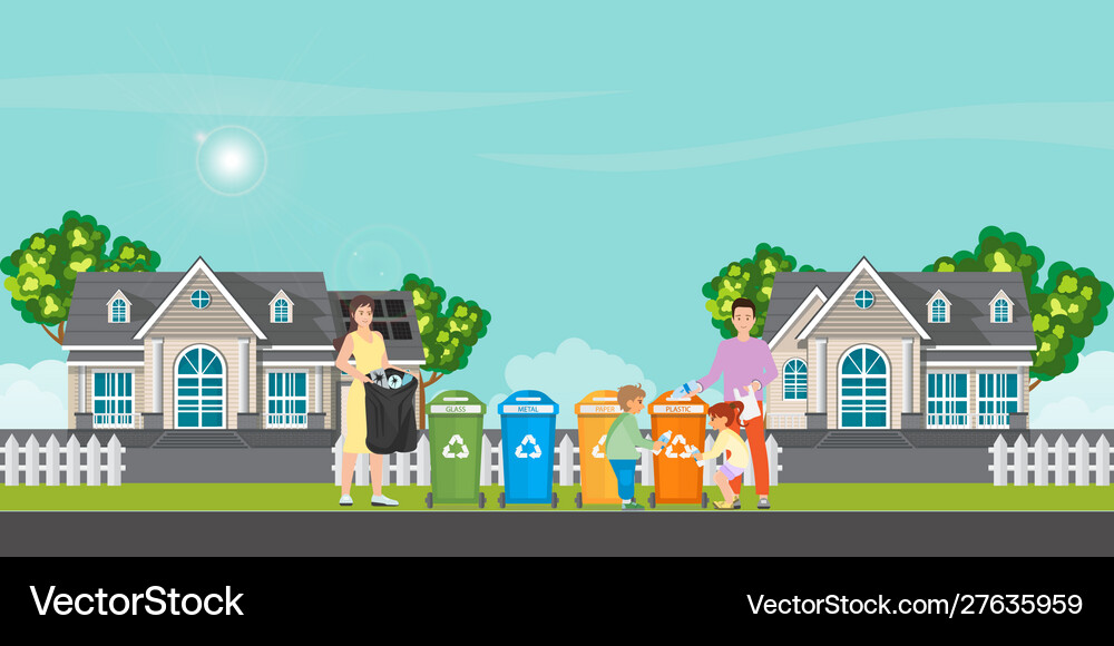 Family sorting garbage into collector Royalty Free Vector