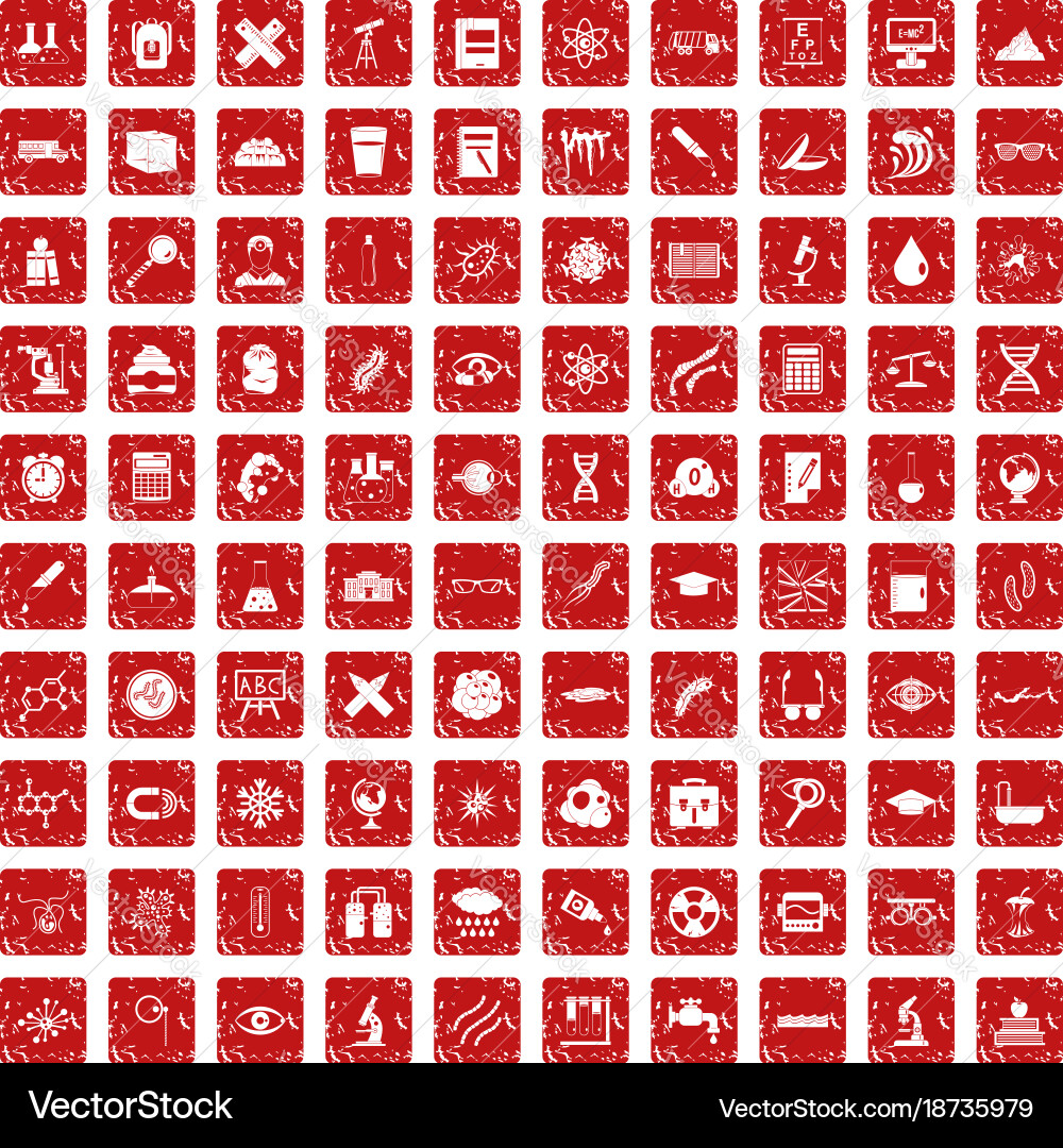 100 microscope icons set grunge red Royalty Free Vector