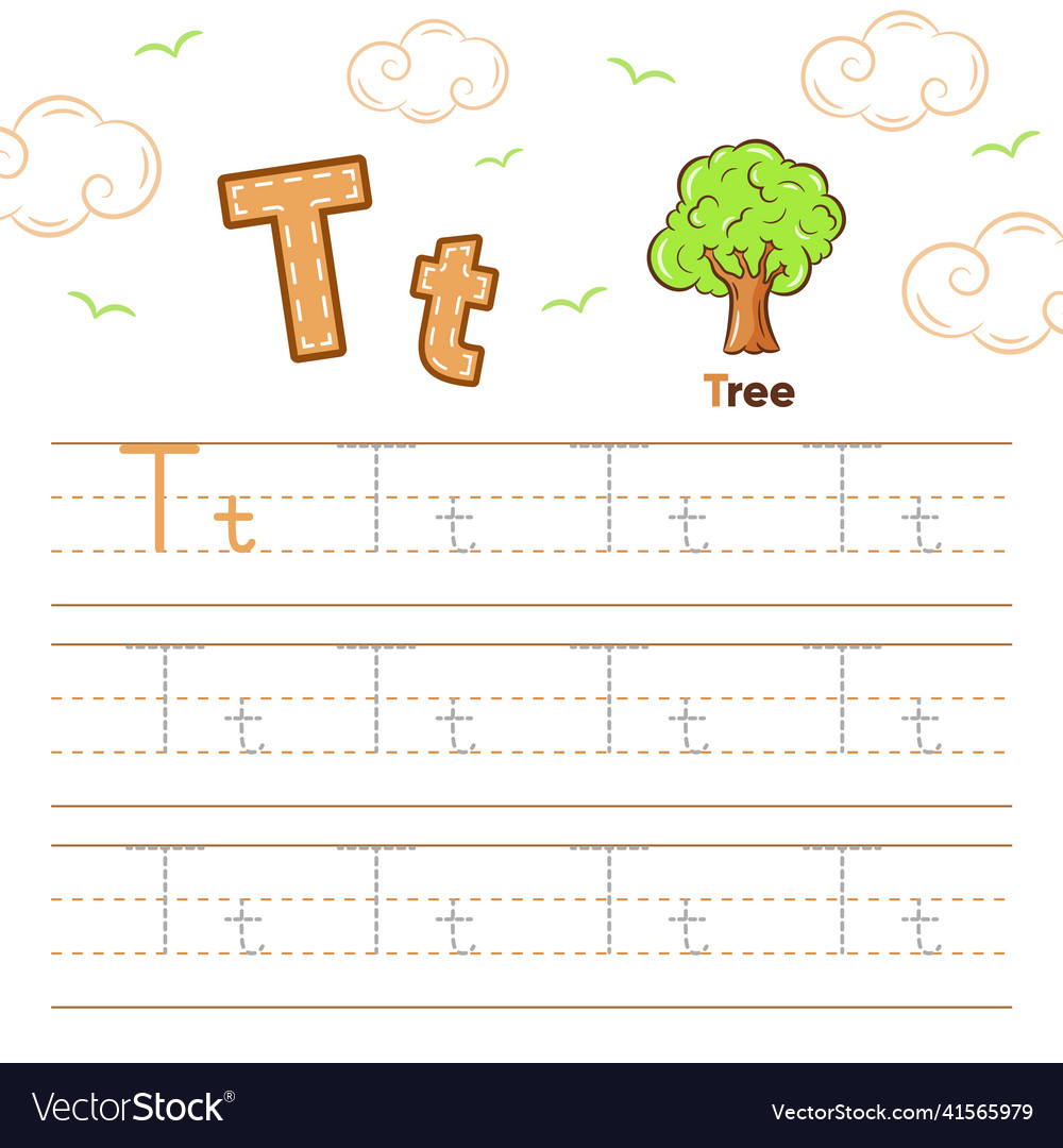 Alphabet worksheet letter t learning with tree Vector Image