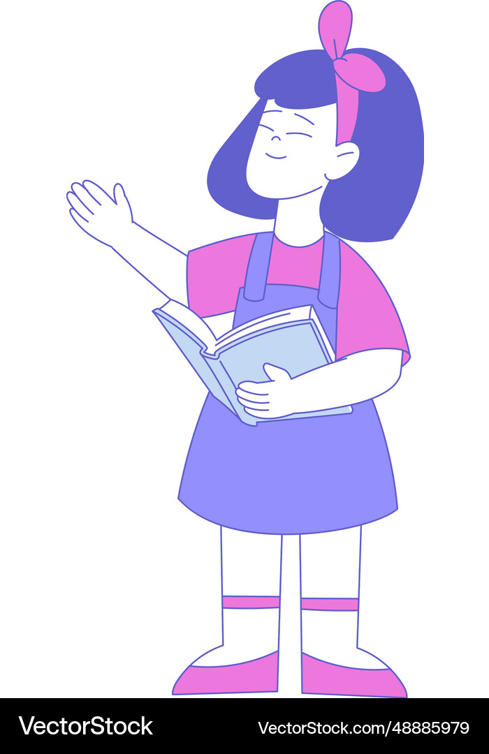 Smiling girl first grader standing with open book Vector Image