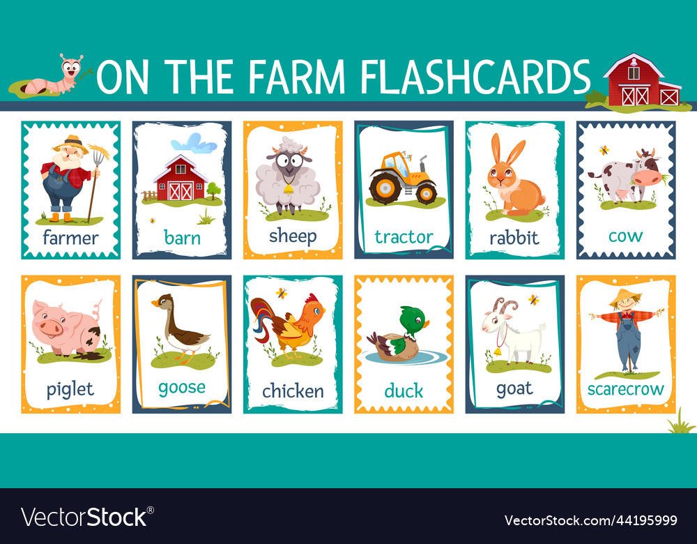 Flashcards with cartoon farm animals and barn Vector Image