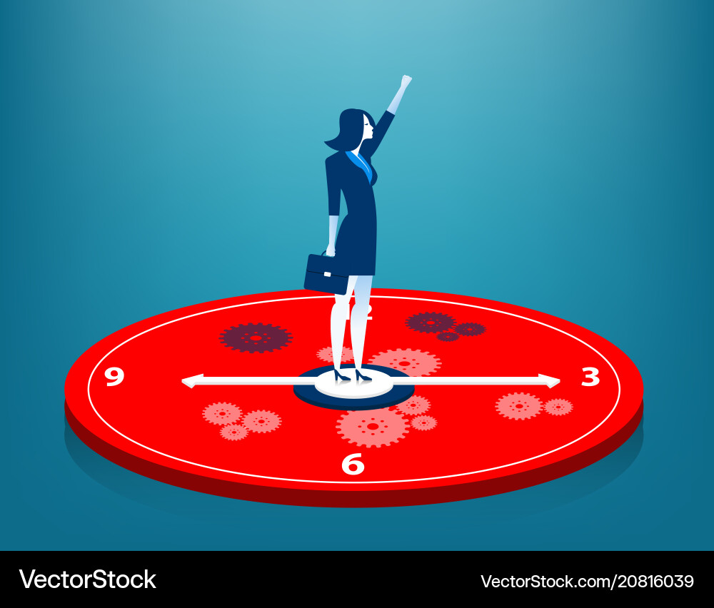 Businesswoman standing on clock Royalty Free Vector Image