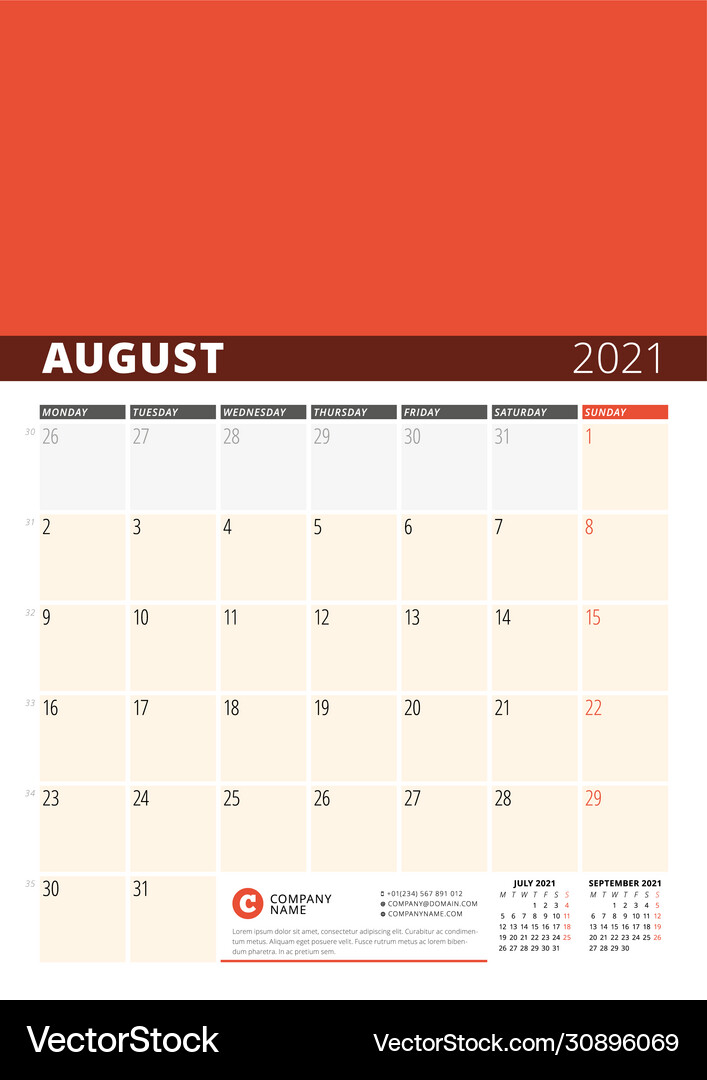 Corporate design planner template for august 2021 Vector Image