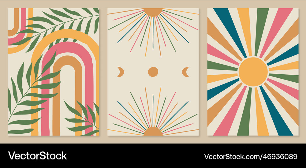 Abstract boho - rainbow sun moon phases Royalty Free Vector