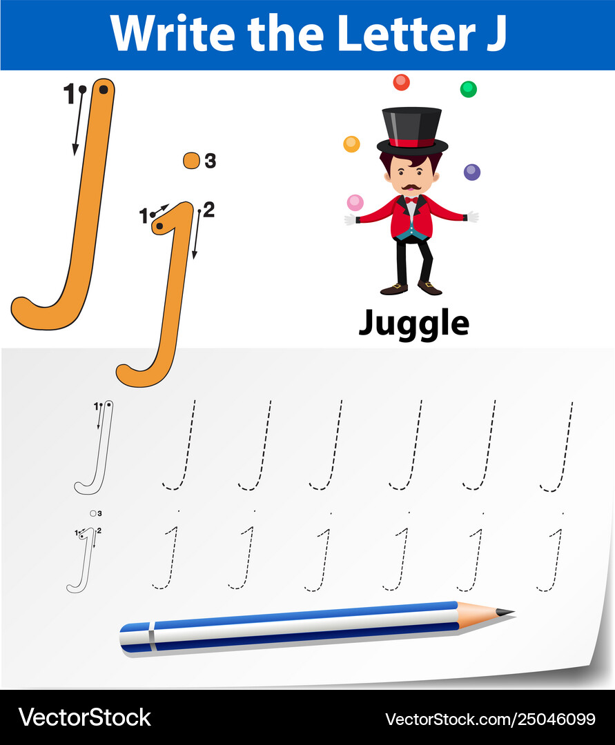 Letter j tracing alphabet worksheets Royalty Free Vector