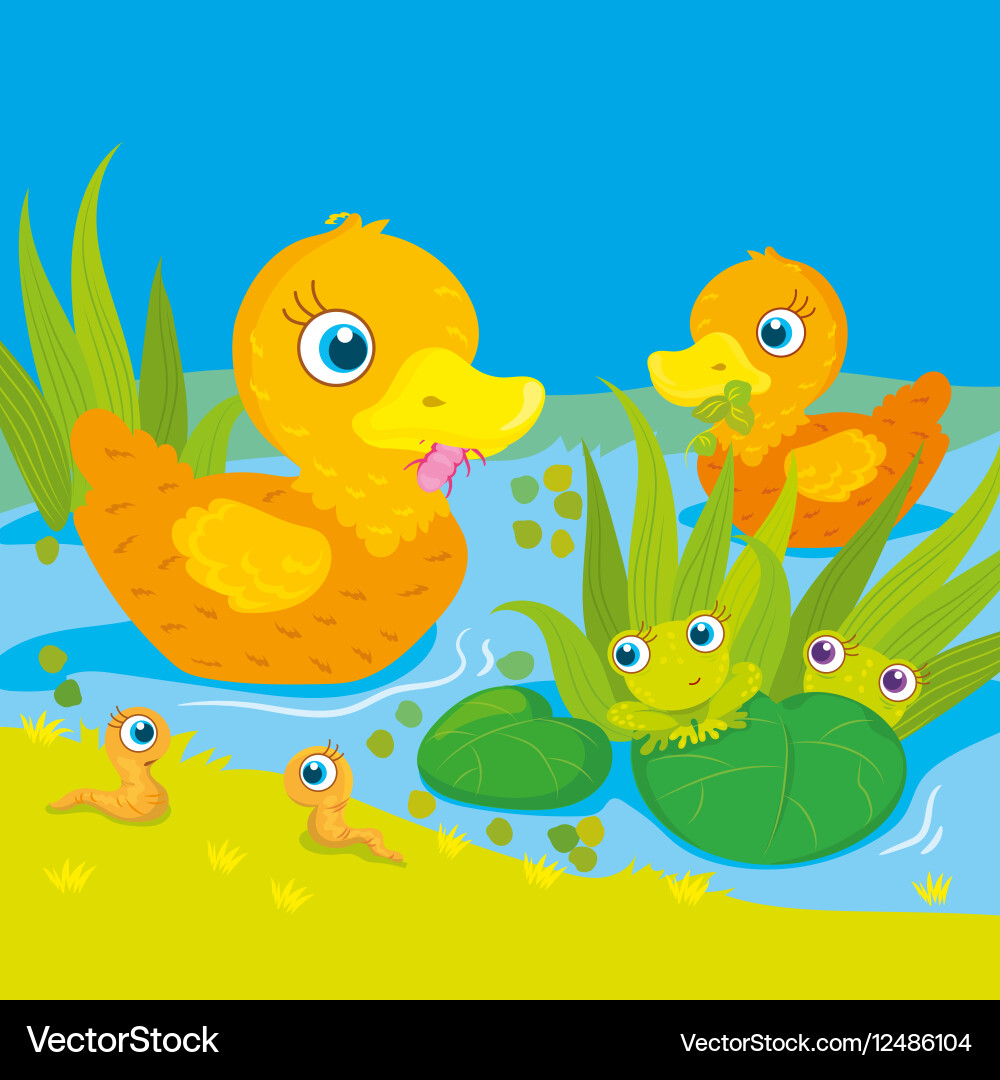Ducks and frogs on pond Royalty Free Vector Image