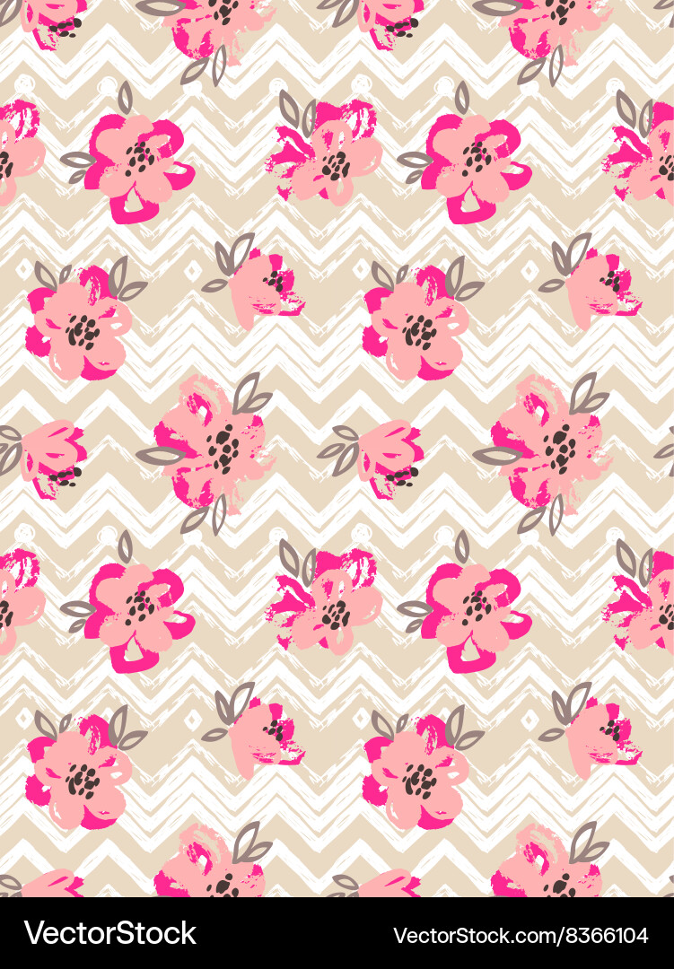 Seamless pattern with pink flowers on the zig zag Vector Image