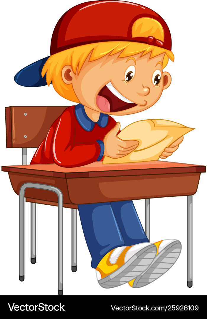 Happy boy reading paper on chair Royalty Free Vector Image