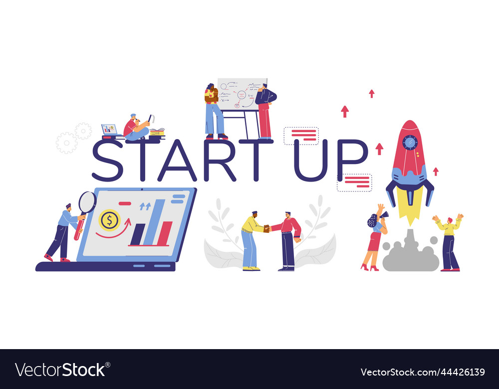 Typographic start up text and tiny people Vector Image