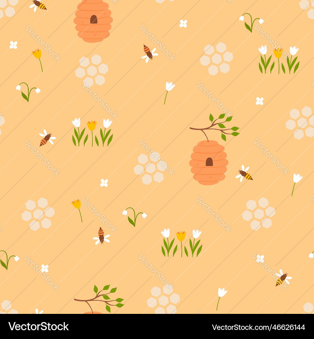 Seamless pattern with bees flowers and beehives Vector Image