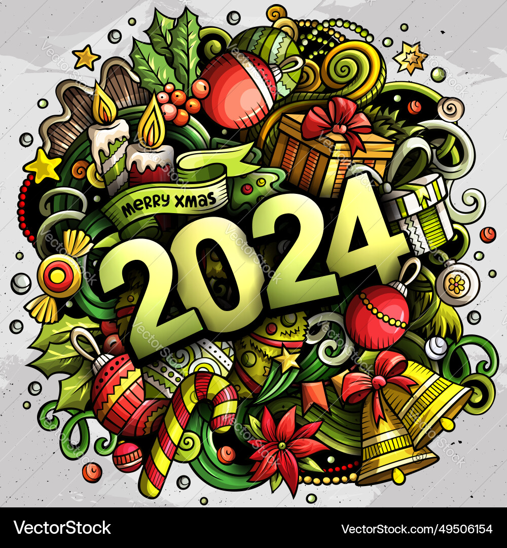 2024 doodles new year objects and elements poster Vector Image