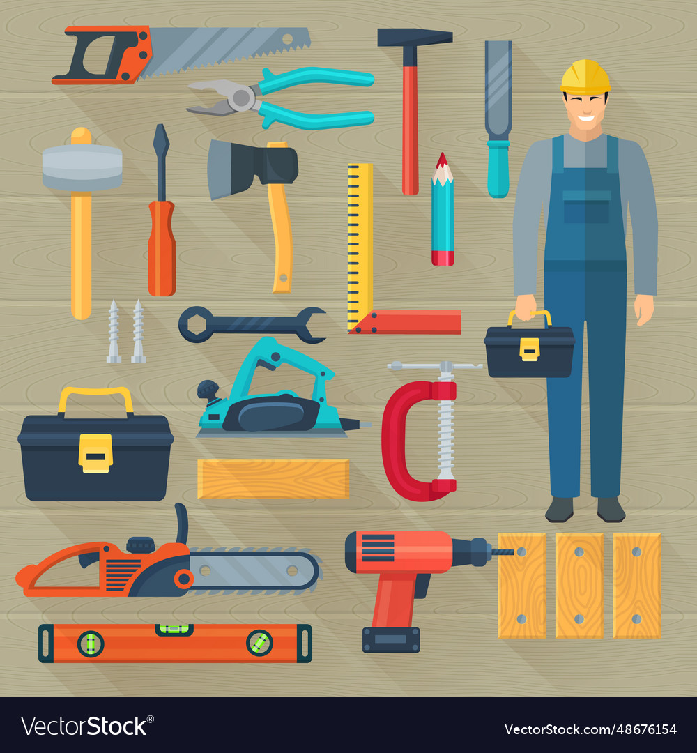 Flat Color Shadow Woodwork Icons Set Royalty Free Vector