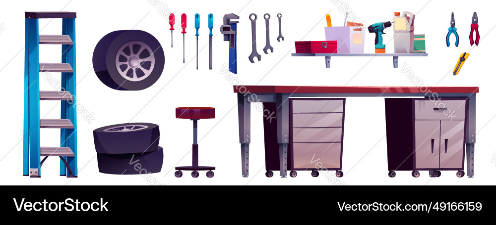 Garage interior furniture and working tools Vector Image