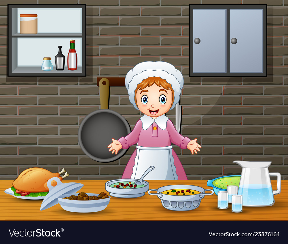 Cute Cheerful Woman Cooking And Preparing Food In Vector Image