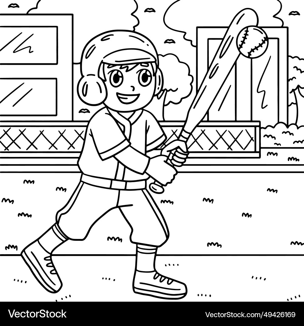 Boy hitting baseball coloring page for kids Vector Image