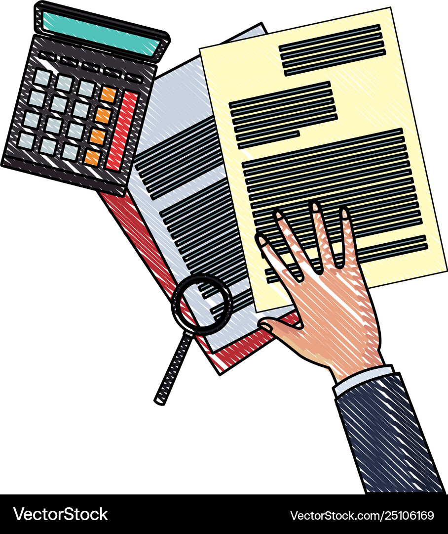 Hand on documents and calculator with magnifying Vector Image