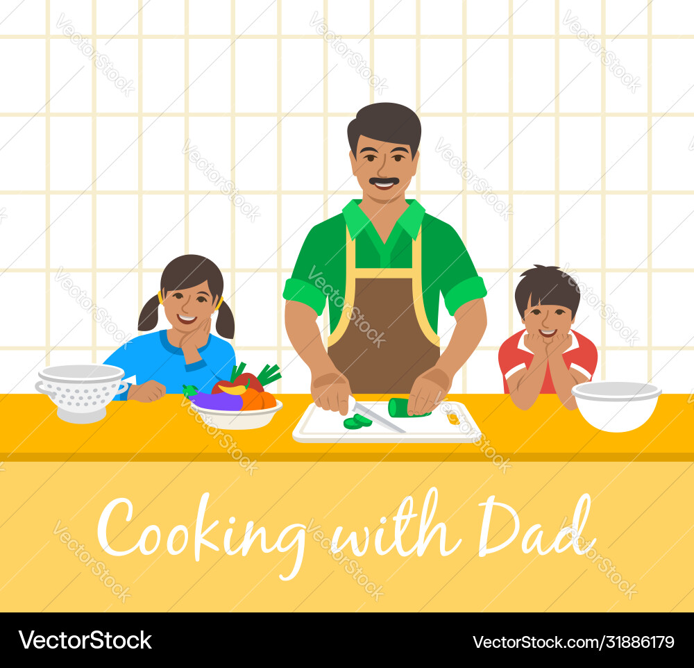 Dad with kids cooking dinner together in kitchen Vector Image