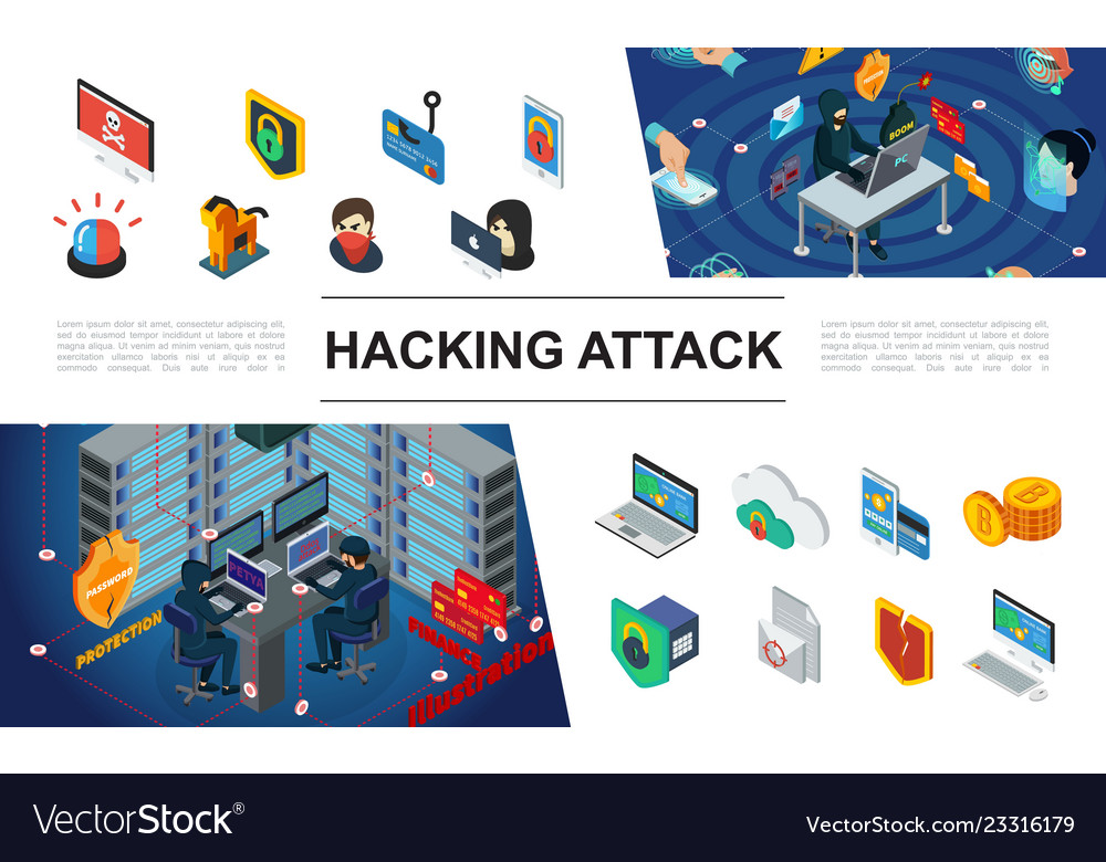 Isometric hacking elements collection Royalty Free Vector