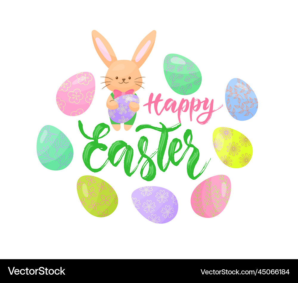 Happy easter lettering decorated with color eggs Vector Image