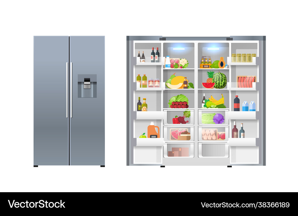 Open and closed refrigerator fridge full fresh Vector Image