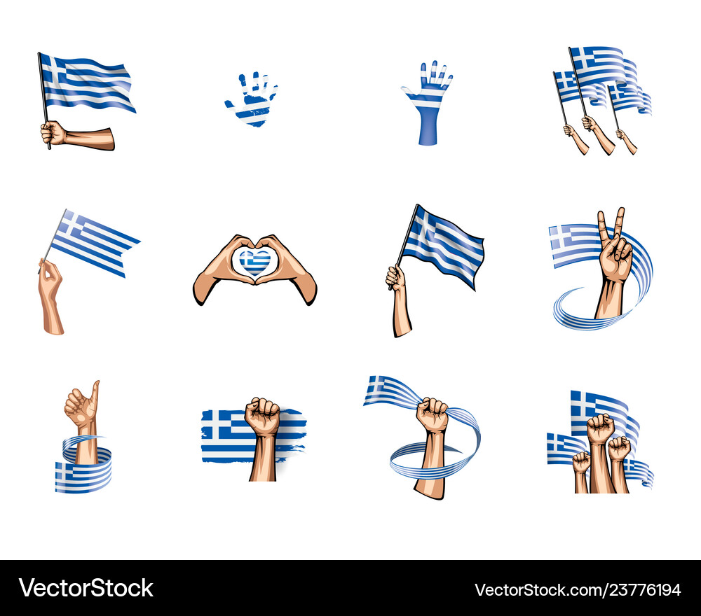 Greece flag and hand on white background Vector Image