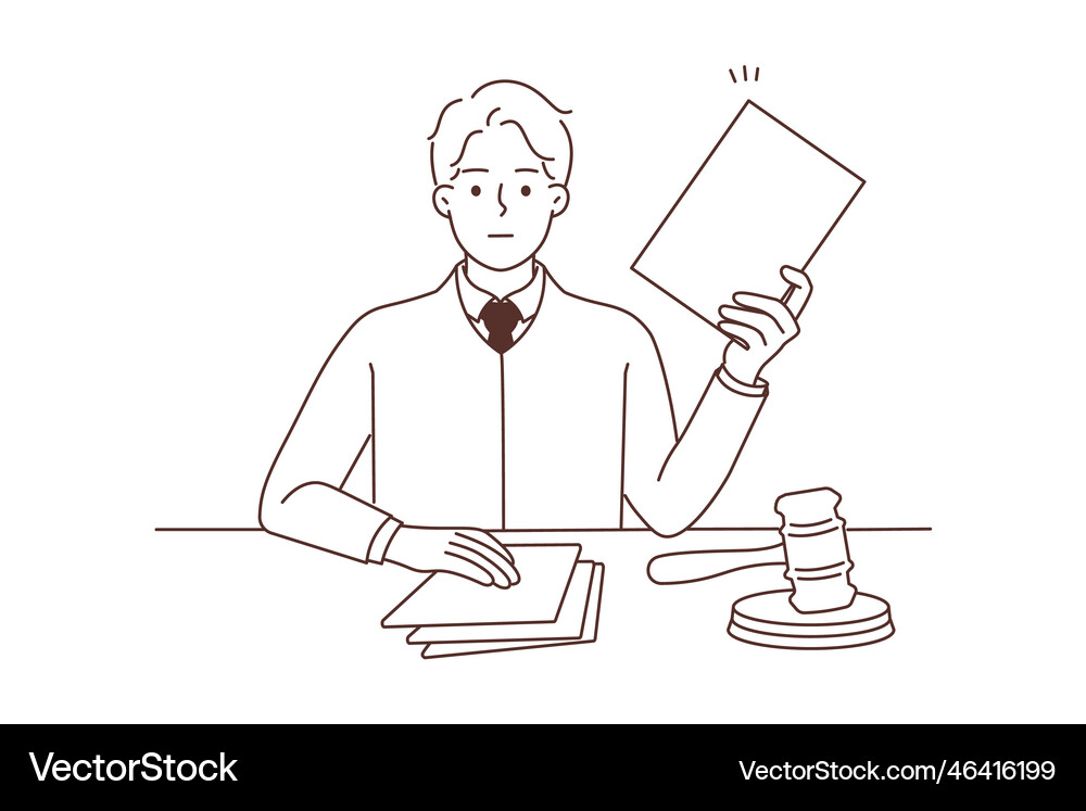 Male lawyer with documents sit at desk Royalty Free Vector