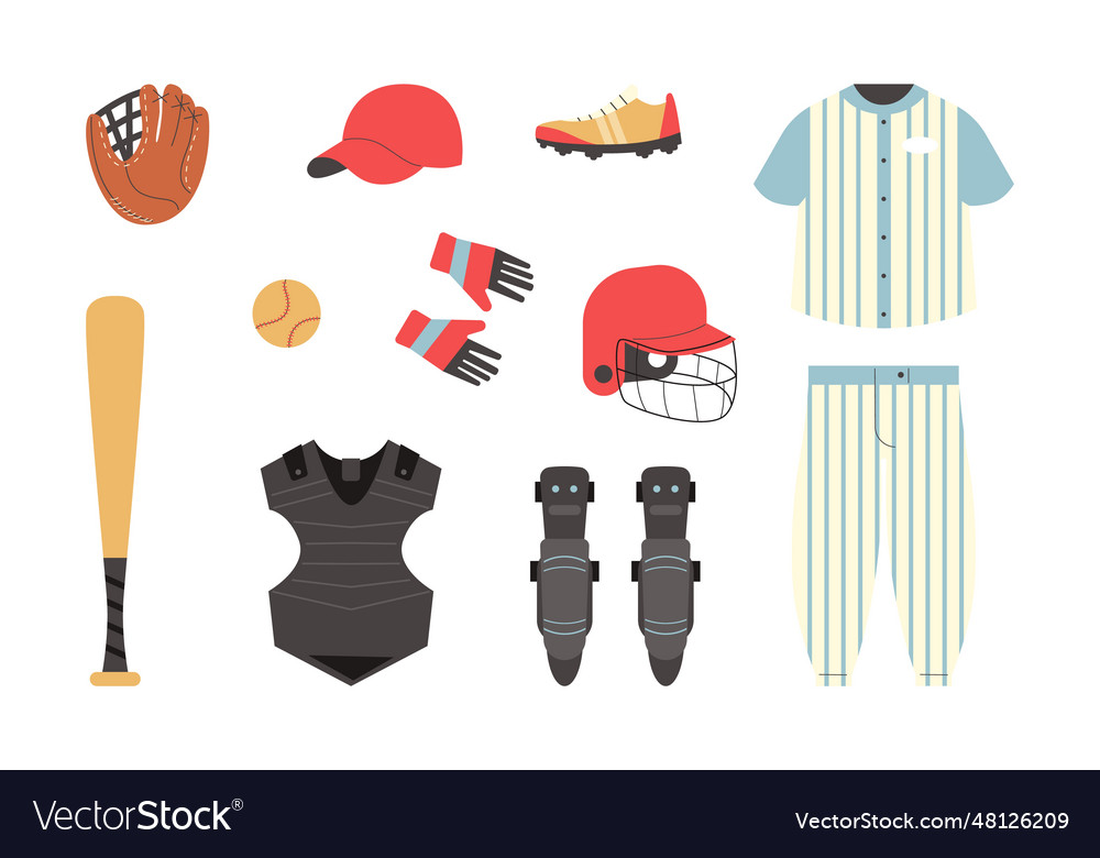 Baseball equipment set flat Royalty Free Vector Image