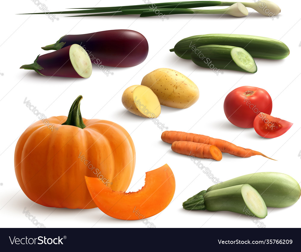 Cutted vegetables realistic set Royalty Free Vector Image Cutted vegetables realistic set Royalty Free Vector Image