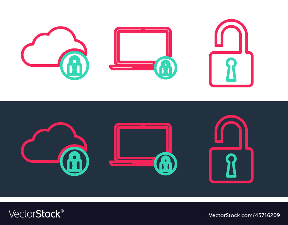 Set Line Open Padlock Cloud Computing And Laptop Vector Image