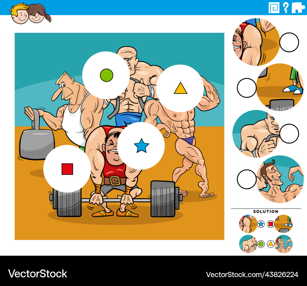 Match pieces game with cartoon athletes group Vector Image